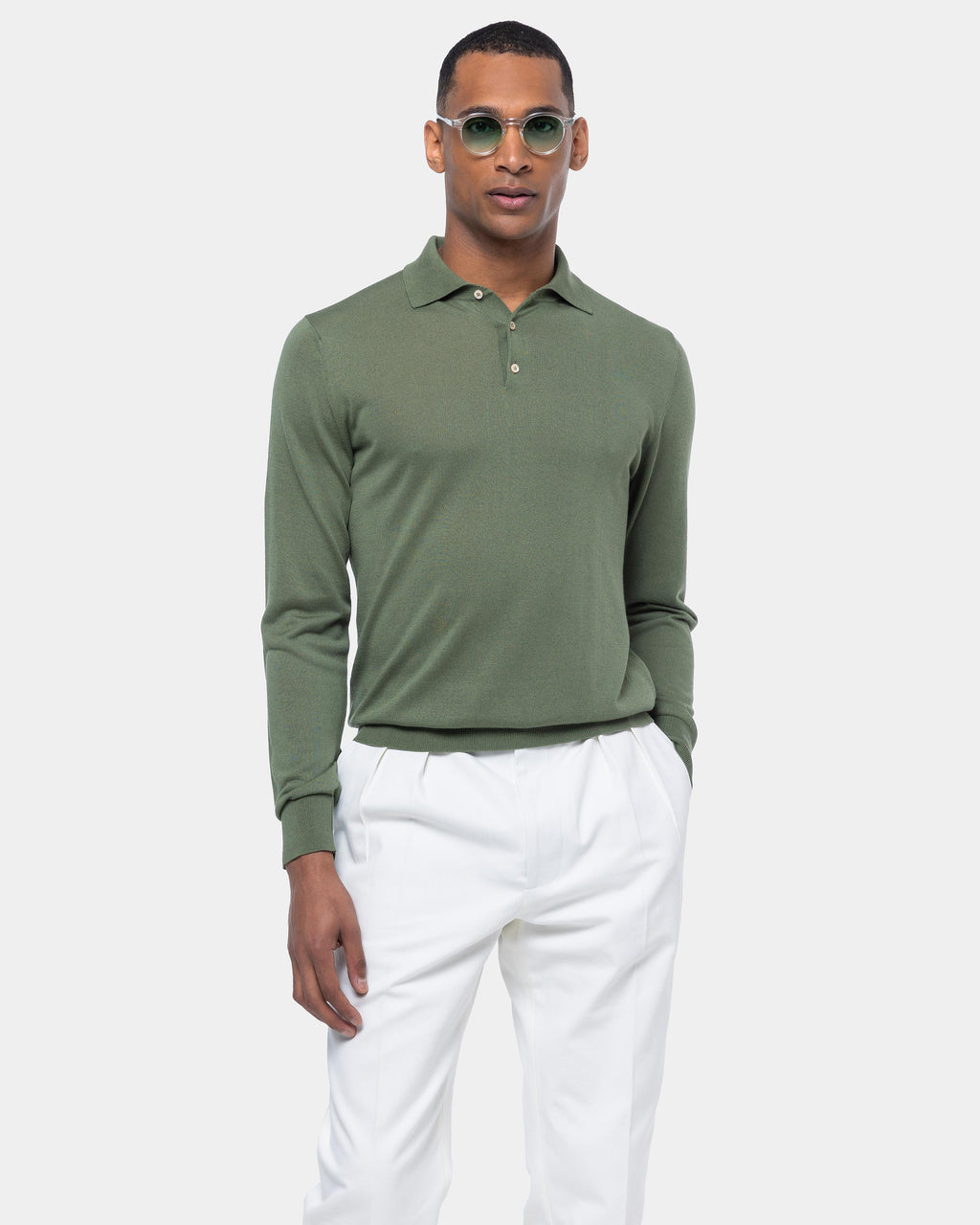 Maglia manica lunga polo verde Cotone e Seta Mulberry | Filatori